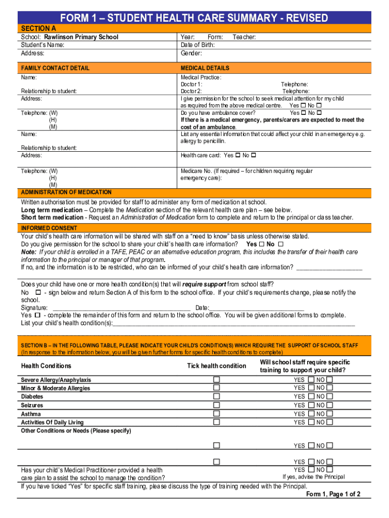 Fillable Online Form 1 Student Health Care Summary - Department of ...