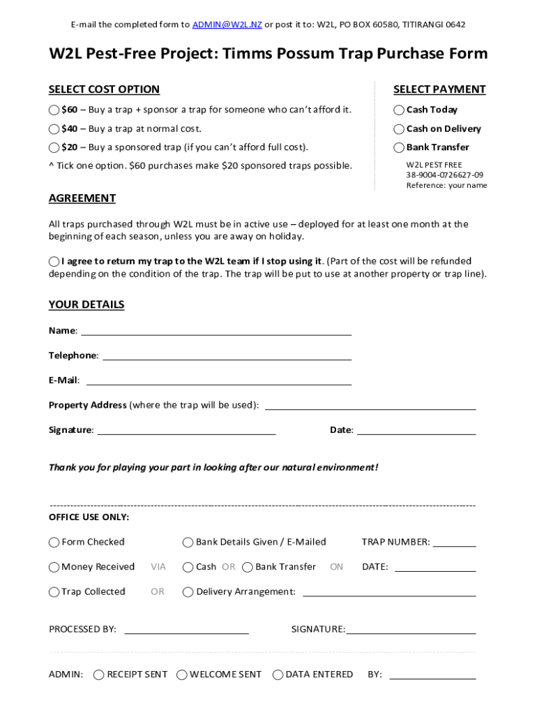 Fillable Online W2L Pest-Free Project: Timms Possum Trap Purchase Form Fax Email Print - pdfFiller