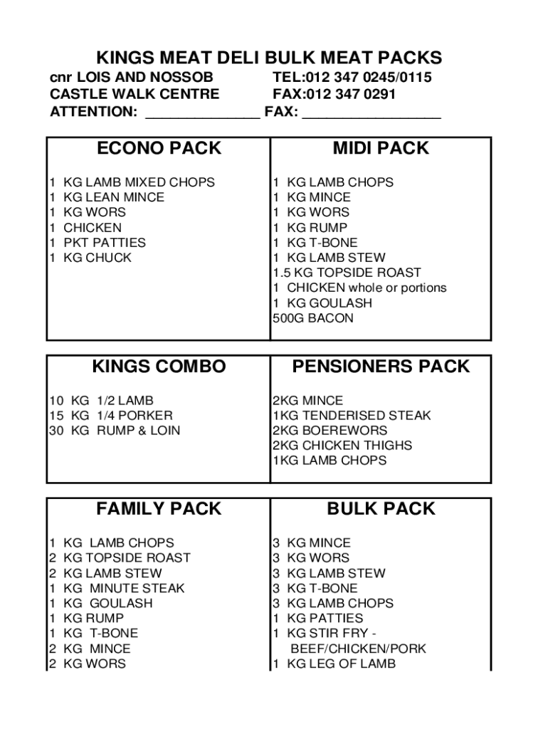 Fillable Online KINGS MEAT DELI BULK MEAT PACKSKings Meat Deli Fax Email Print - pdfFiller