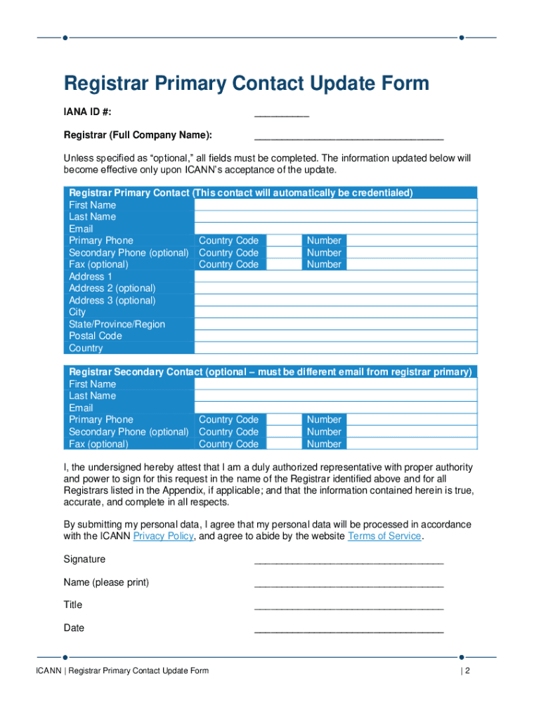 Fillable Online Fillable Online Registrar Primary Contact Update Form ...