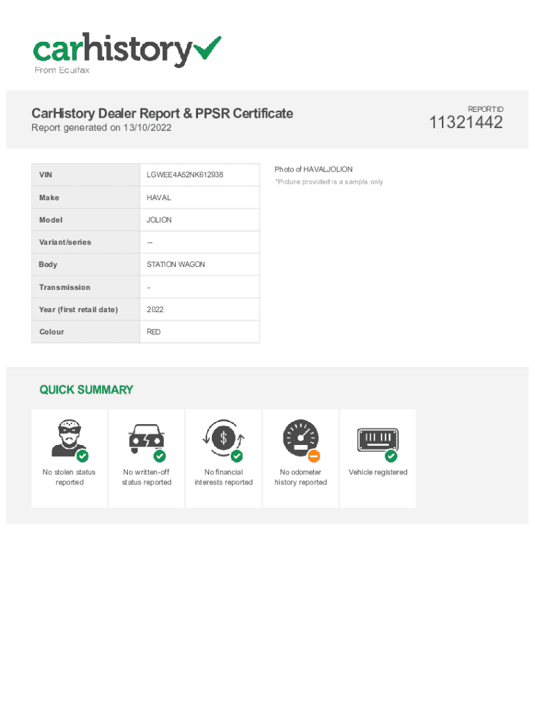 Fillable Online Get the free CarHistory Dealer Report & PPSR ...