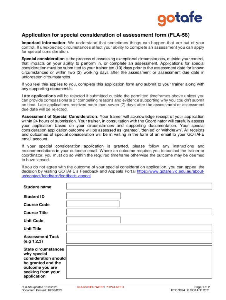 Fillable Online Application for special consideration of Assessment ...