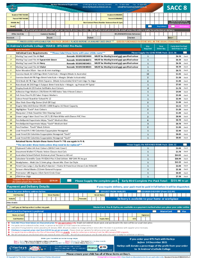 Fillable Online ST ANDREWS ORDER FORM MASTER.xlsx Fax Email Print - pdfFiller