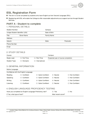 Fillable Online ESL ENGLISH Student REGISTRATION FORMESL English Fax ...