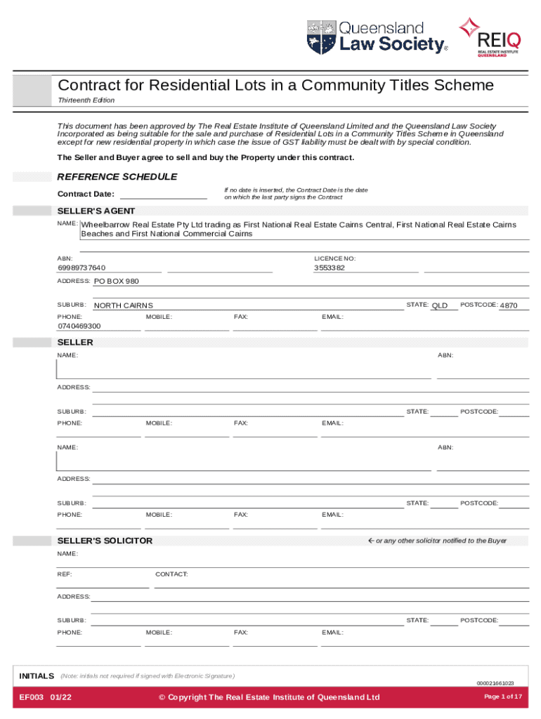 Fillable Online Contract For Residential Lots In A Community Titles ...