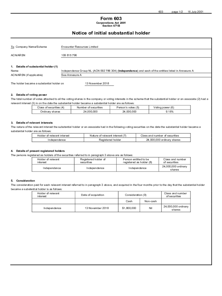 Fillable Online IGO - ASIC Form 603 - Notice of initial substantial ...