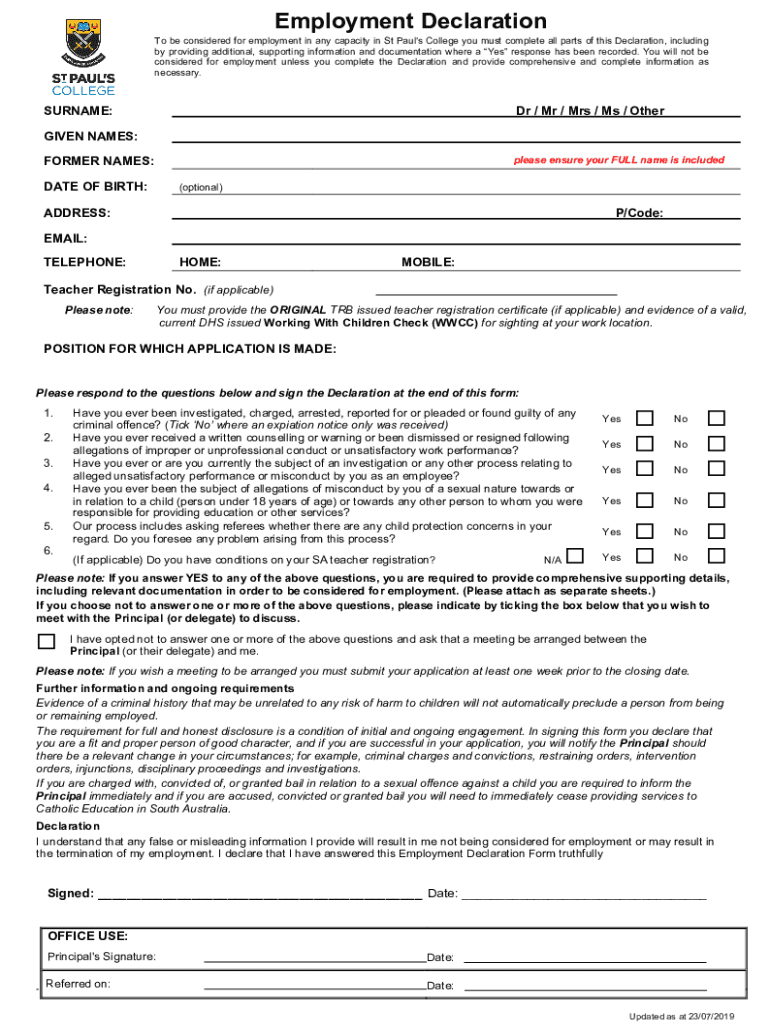 Fillable Online Employment Declaration VL233 In Order To Be Considered ...