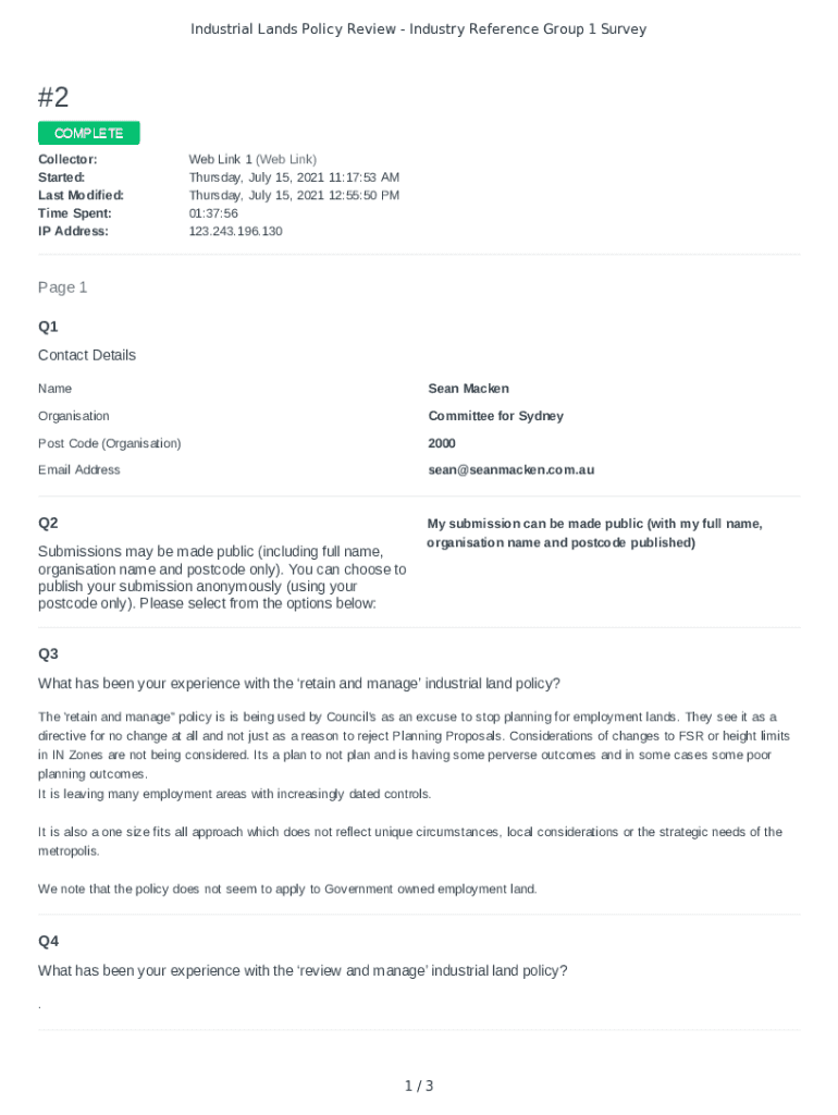 Fillable Online Industrial Lands Policy Review - Industry Reference Group 1 Survey Fax Email ...