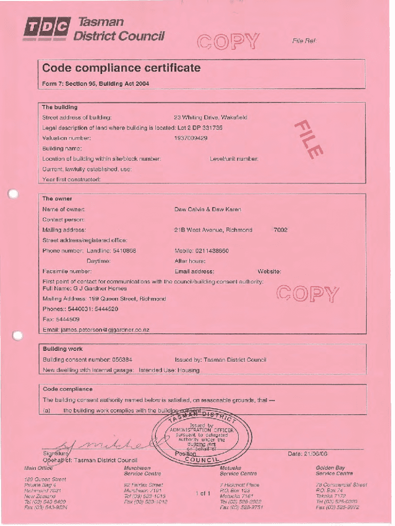 Fillable Online Code compliance certificate (form 7) - Building Fax ...