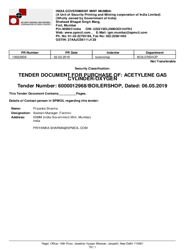 Fillable Online TENDER DOCUMENT FOR PURCHASE OF: ACETYLENE GAS CYLINDER ...