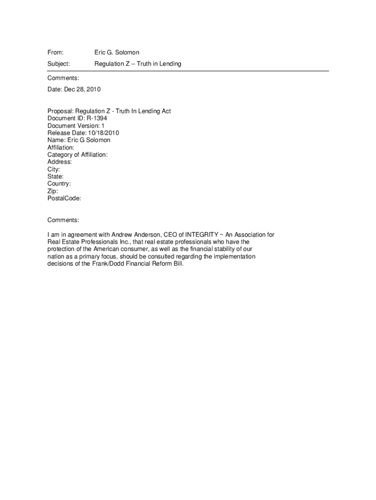 Fillable Online From: Eric G. Solomon Subject: Regulation Z -- Truth in ...