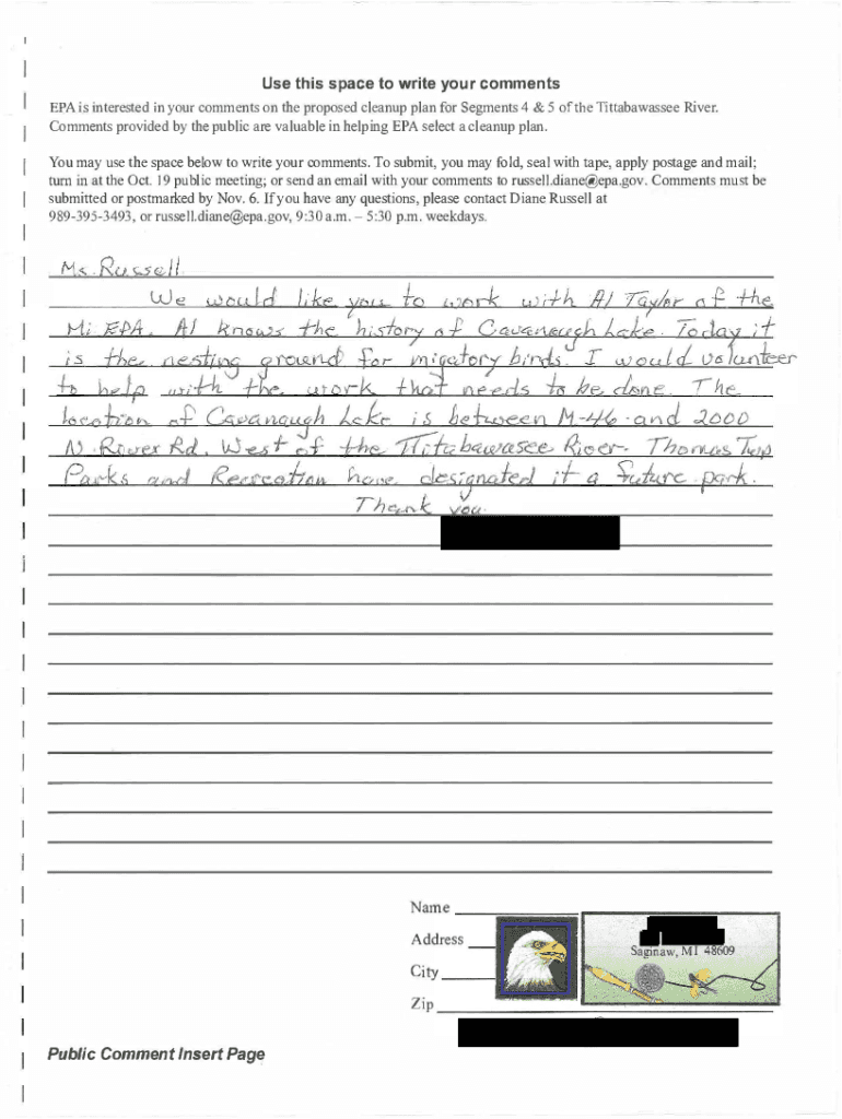 Fillable Online PUBLIC COMMENT SHEET ON PROPOSED PLAN FOR SEGMENTS 4 ...