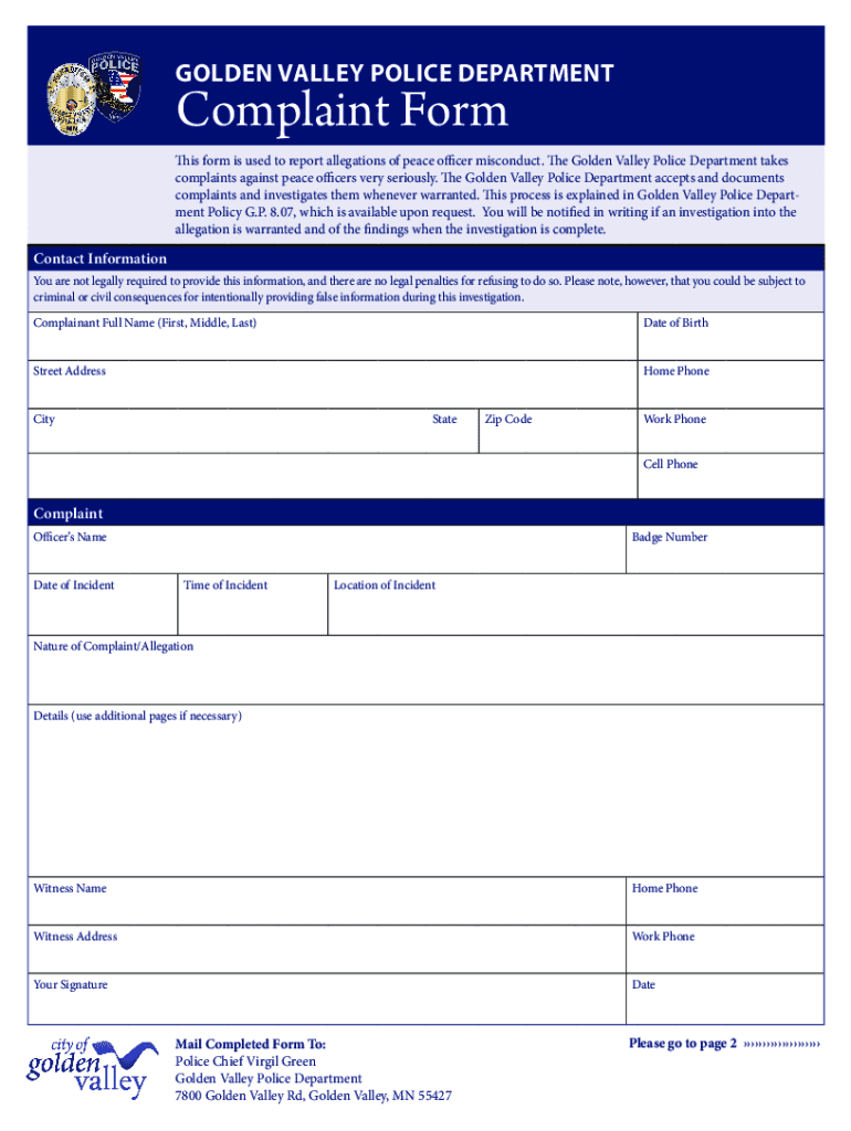 Fillable Online GOLDEN VALLEY POLICE DEPARTMENT Complaint Form Fax Email Print - pdfFiller