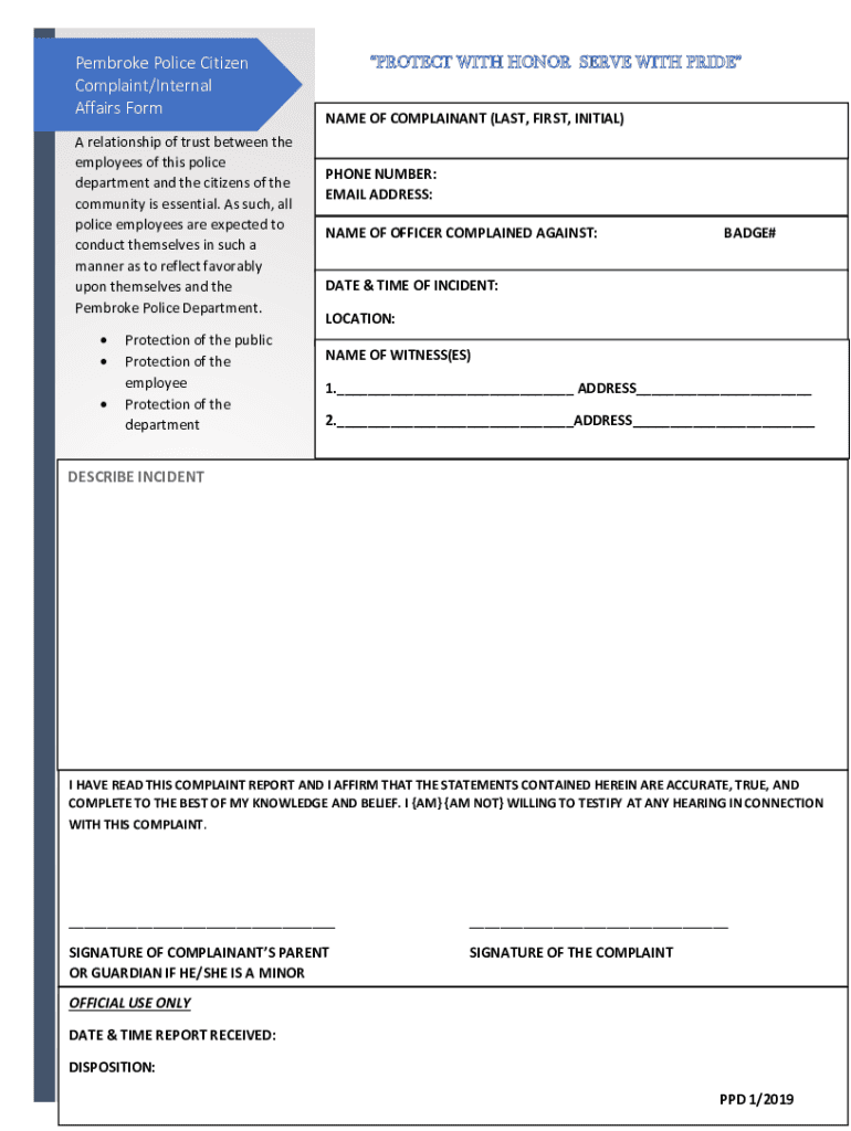 Fillable Online Pembroke Police Citizen Complaint/Internal Affairs Form ...