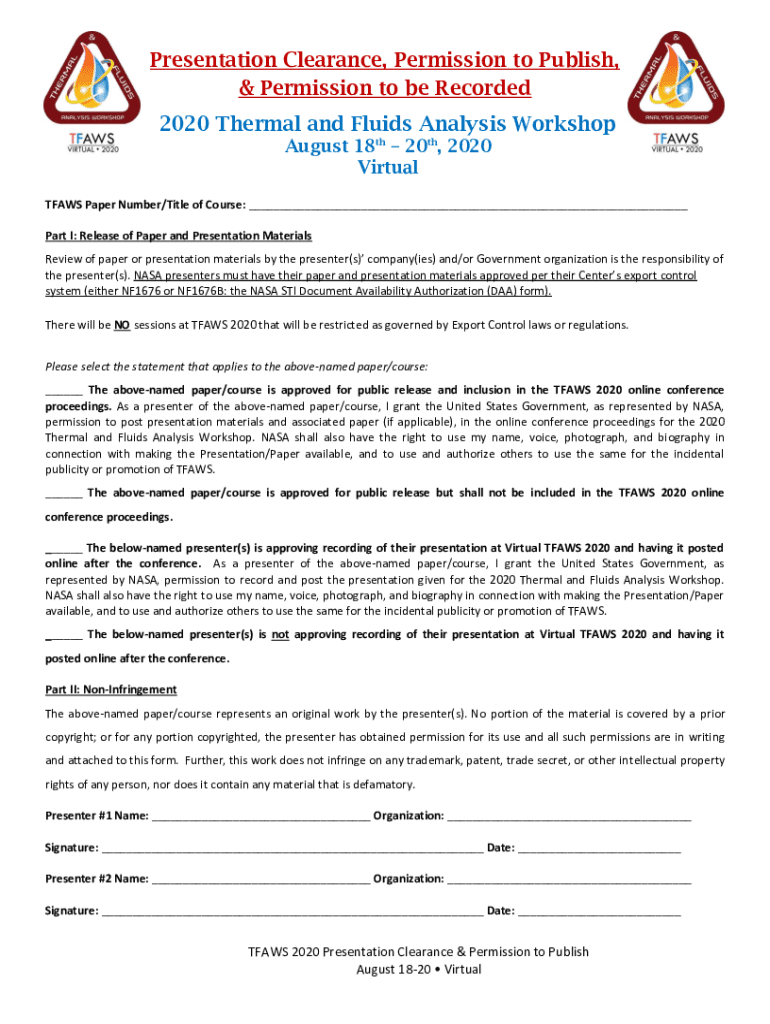 Fillable Online tfaws nasa Presentation Clearance, Permission to ...