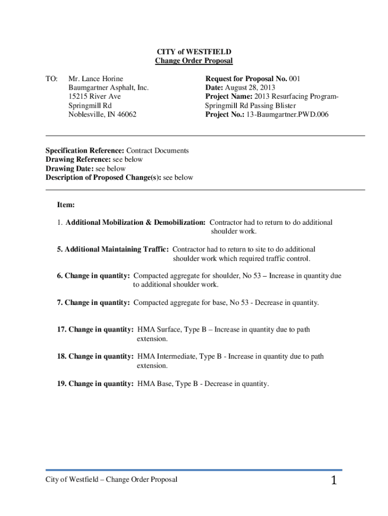 Fillable Online CITY of WESTFIELD Change Order Proposal Request for ...