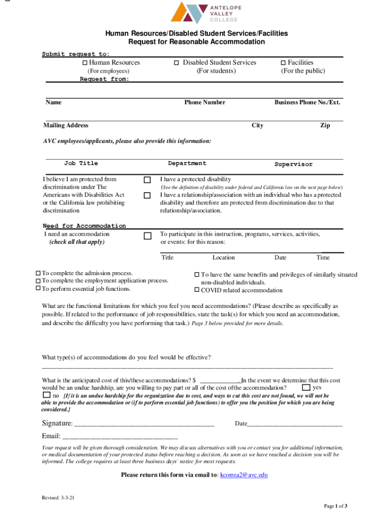 Fillable Online DSS Request for Reasonable Accommodation Fax Email Print - pdfFiller