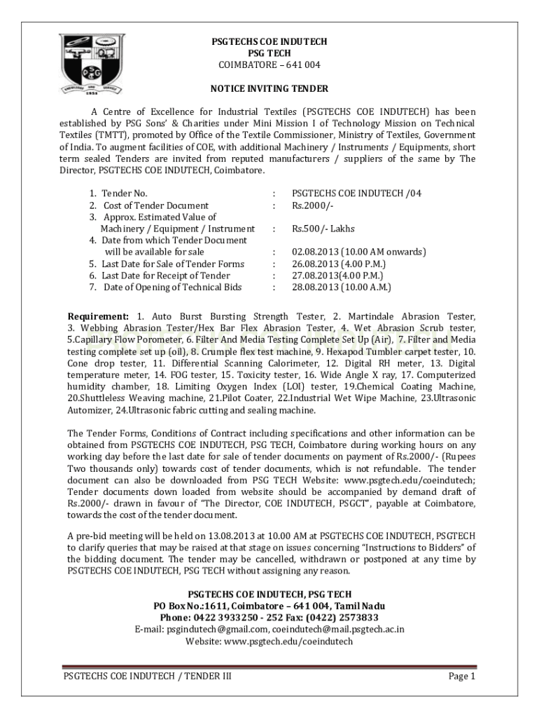 Fillable Online PSGTECHS COE INDUTECH COIMBATORE 641 004. NOTICE INVITING TENDER Fax Email Print ...