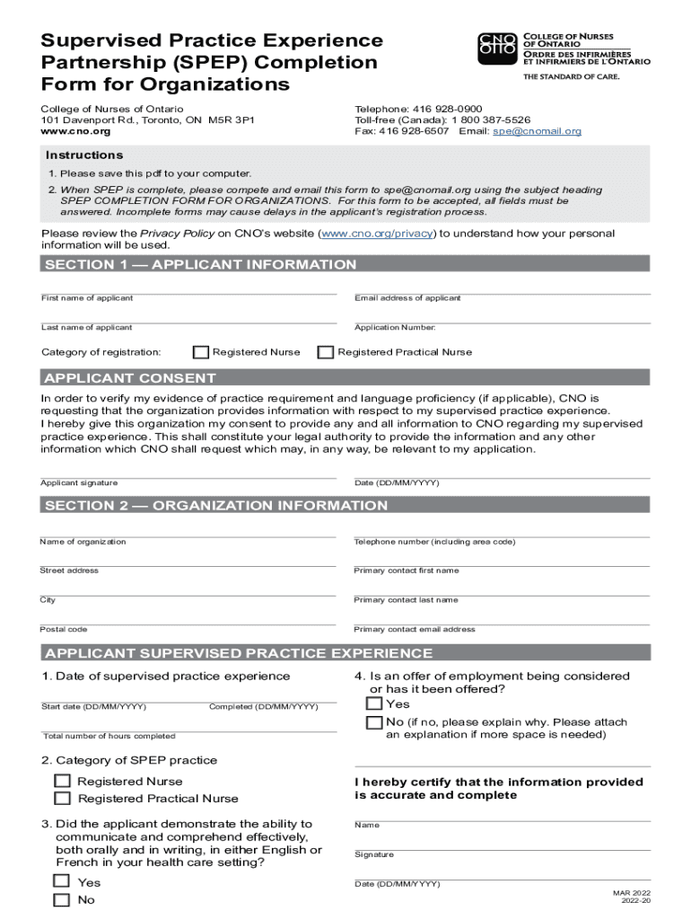 Fillable Online Supervised Practice Experience Partnership Completion ...