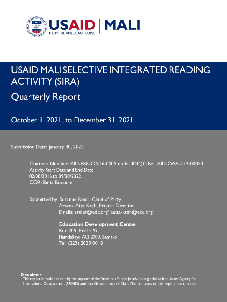 Fillable Online pdf usaid Quarterly Report ACTIVITY (SIRA) USAID MALI SELECTIVE INTEGRATED ...