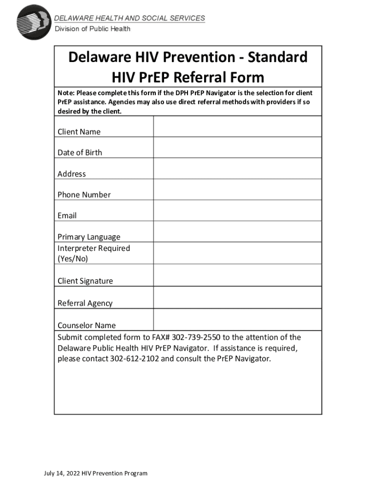 Fillable Online dhss delaware Delaware HIV Prevention - Standard HIV PrEP Referral Form Fax ...