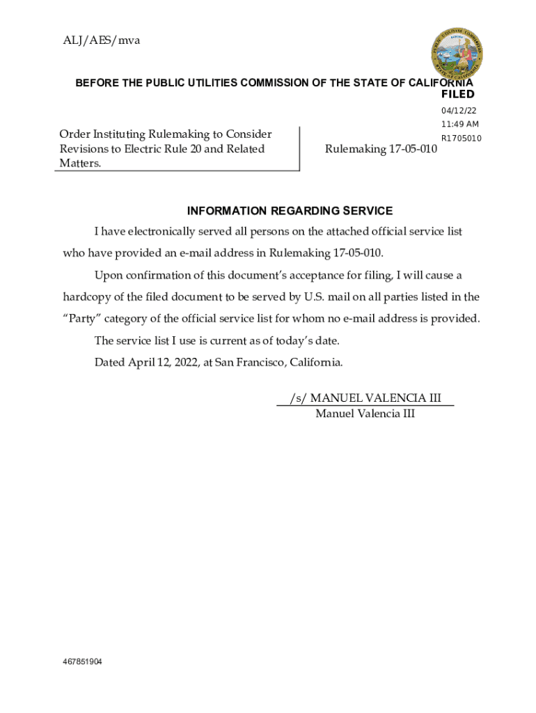 Fillable Online docs cpuc ca ALJ/AES/Mln Order Instituting Rulemaking ...