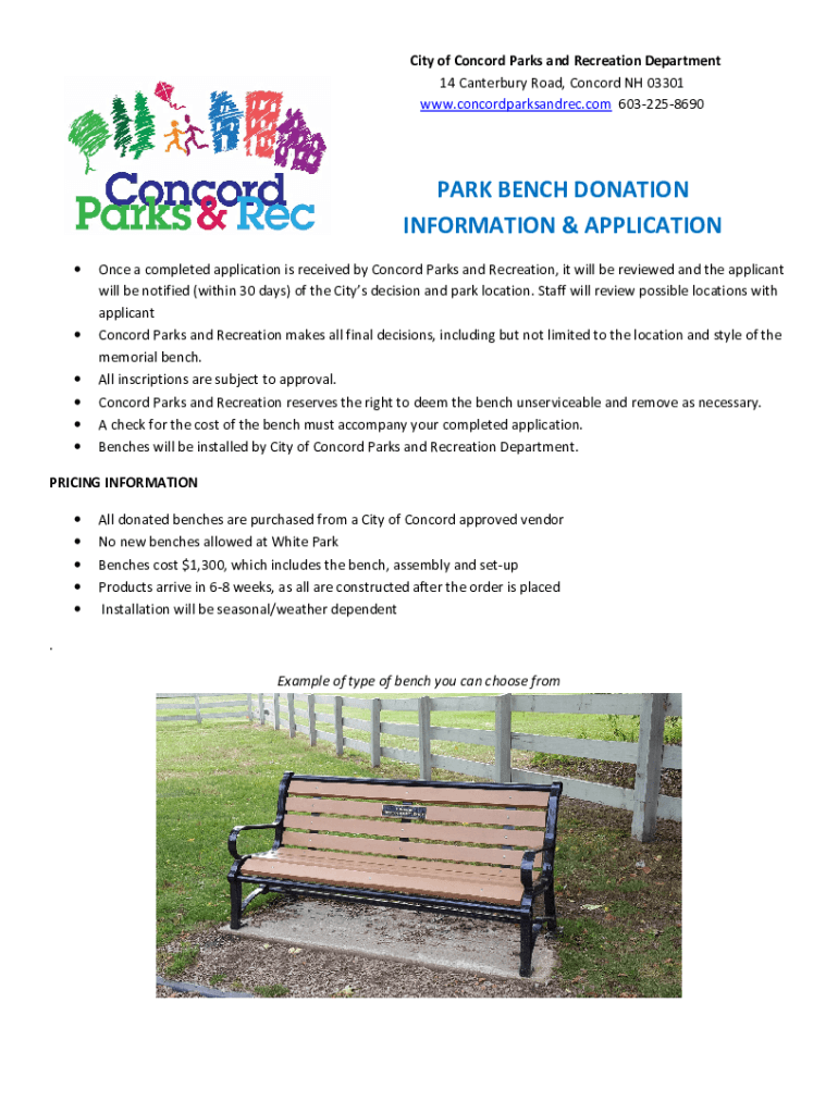 Fillable Online PARK BENCH DONATION INFORMATION & APPLICATION Fax Email ...