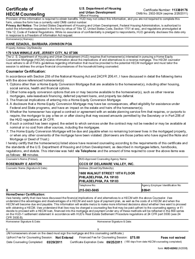 Fillable Online entp hud Certificate of HECM Counseling Office of ...