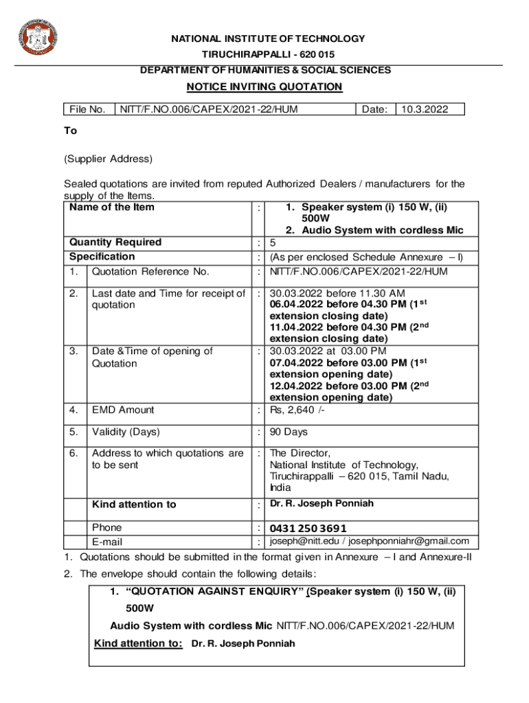 Fillable Online NATIONAL INSTITUTE OF TECHNOLOGY: TIRUCHIRAPPALLI 620 ...