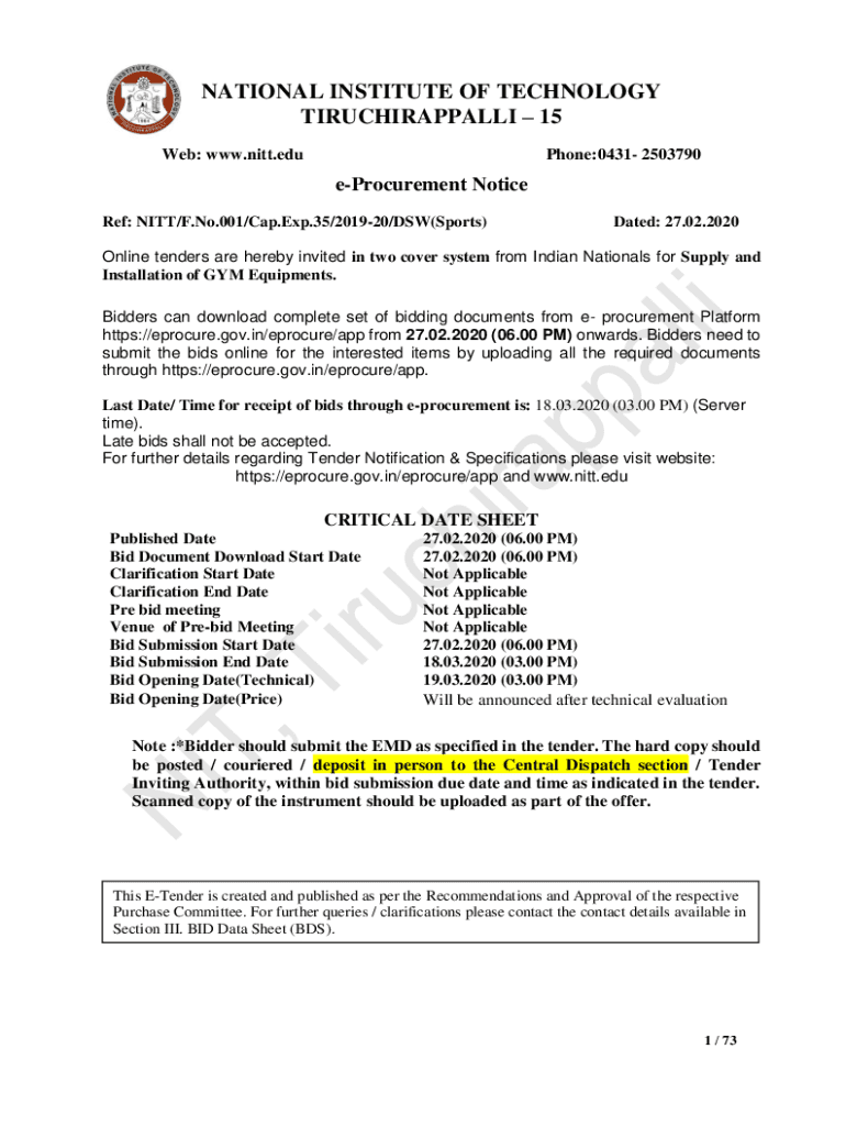 Fillable Online Gym Equipments - National Institute of Technology, Trichy Fax Email Print ...