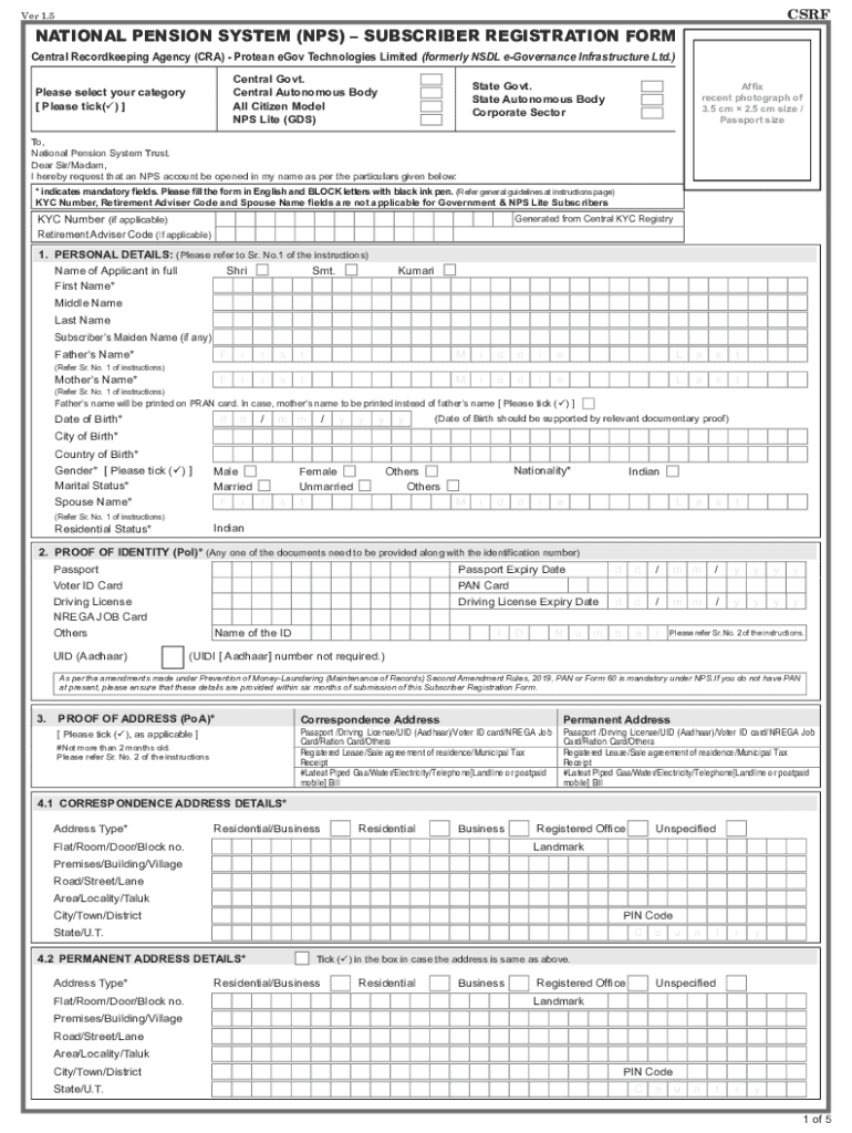 Fillable Online Ver 1.5 NATIONAL PENSION SYSTEM (NPS)SUBSCRIBER REGISTRATION FORM Fax Email ...