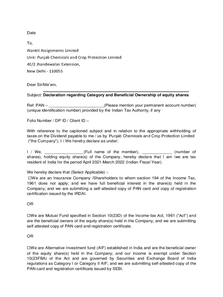 Fillable Online Alankit Assignments Limited Unit: Punjab Chemicals and ...