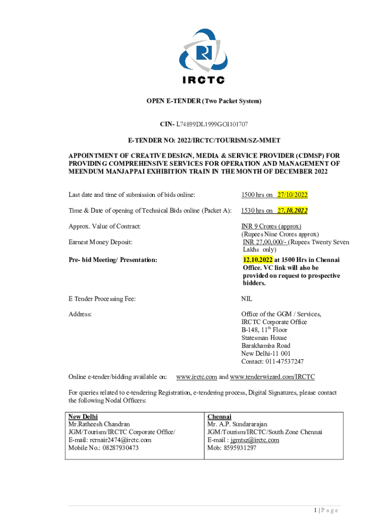 Fillable Online Fillable Online E-TENDER TRAIN SIDE VENDING SERVICES CIN No ... Fax ... Fax ...