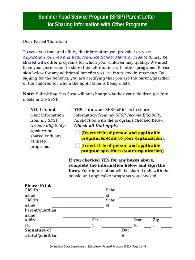 Summer Food Service Program (SFSP) Sample Parent Letter for Sharing ...