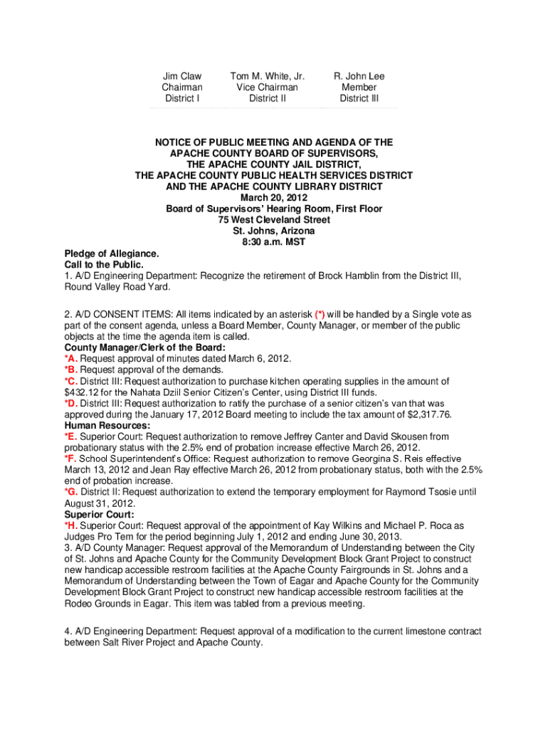 Fillable Online Jim Claw Chairman District I Tom M. White, Jr. Vice ...