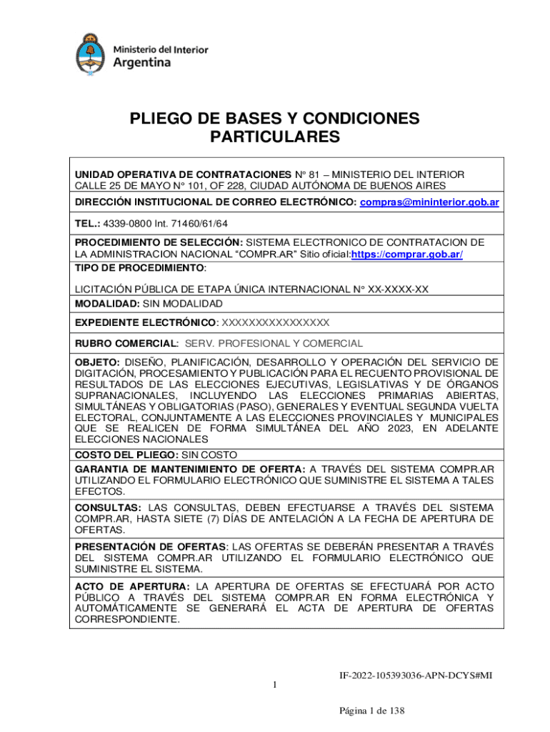 Fillable Online PLIEGO DE BASES Y CONDICIONES PARTICULARES UNIDAD OPERATIVA DE ... Fax Email ...