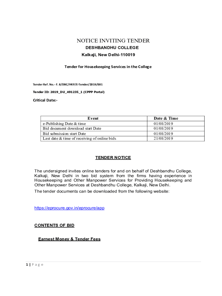 Fillable Online NOTICE INVITING TENDERS DESHBANDHU COLLEGE, UNIVERSITY ...