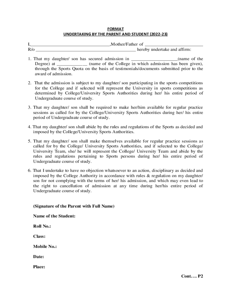 Fillable Online mac du ac Undertaking by Parents for Student in School ...