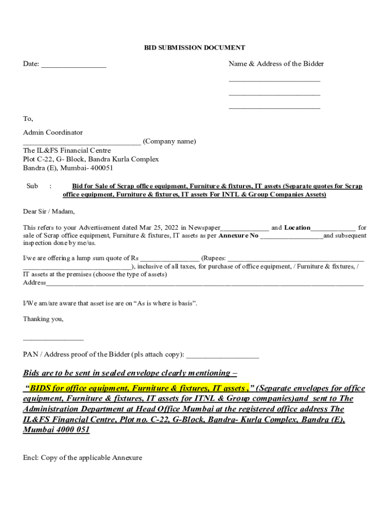Fillable Online Sample letters for Bids Submission & template for bids submission ... Fax Email ...