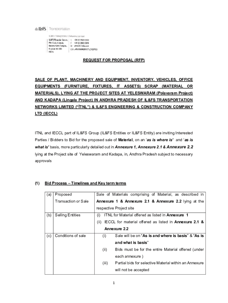 Fillable Online RFP-BIDDING FOR SALE OF ASSETS-ITNL & IECCL -Andhra ...