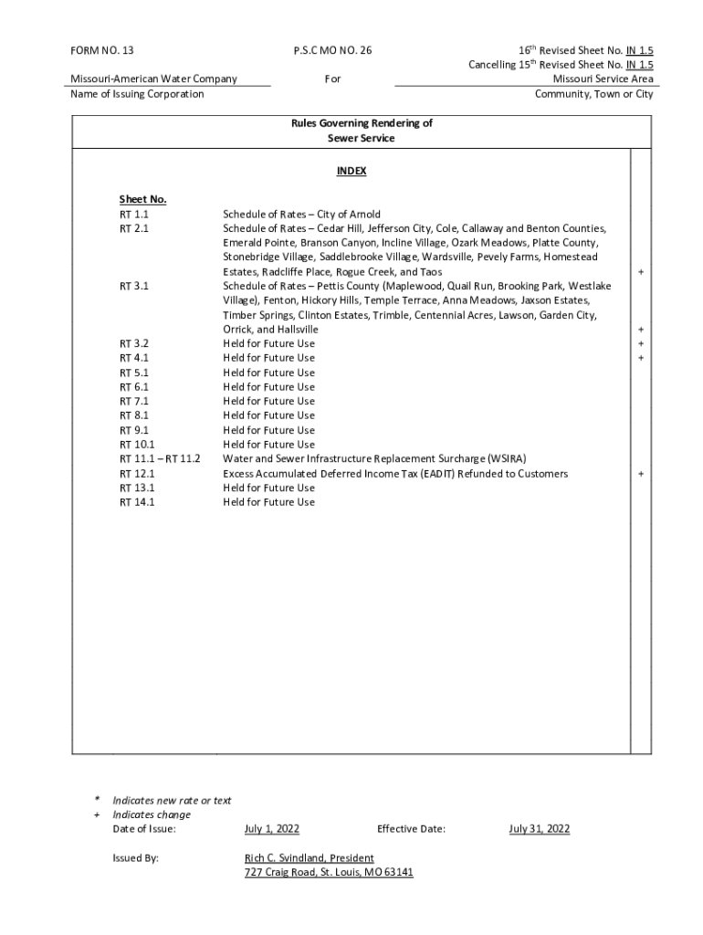 Fillable Online FORM NO. 13 P.S.C MO NO. 26 16th Revised Sheet No. IN 1 ...