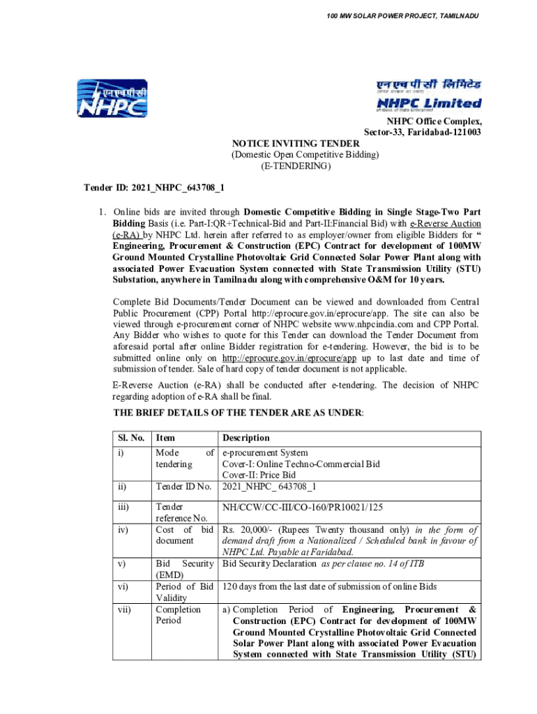 Fillable Online NHPC Issue Tender For EPC Contract For Development of ...