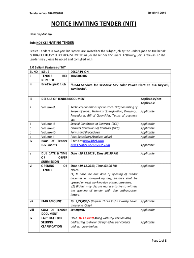 Fillable Online Tender ref no. T0ASX00107 NOTICE INVITING TENDER (NIT) Fax Email Print - pdfFiller