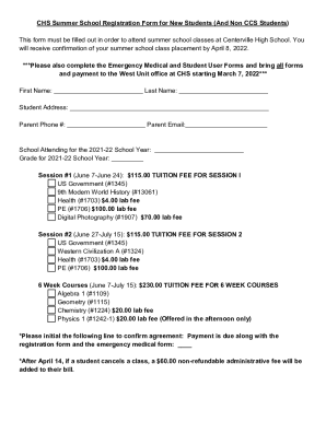 Fillable Online CHS Summer School Registration Form for New Students ...