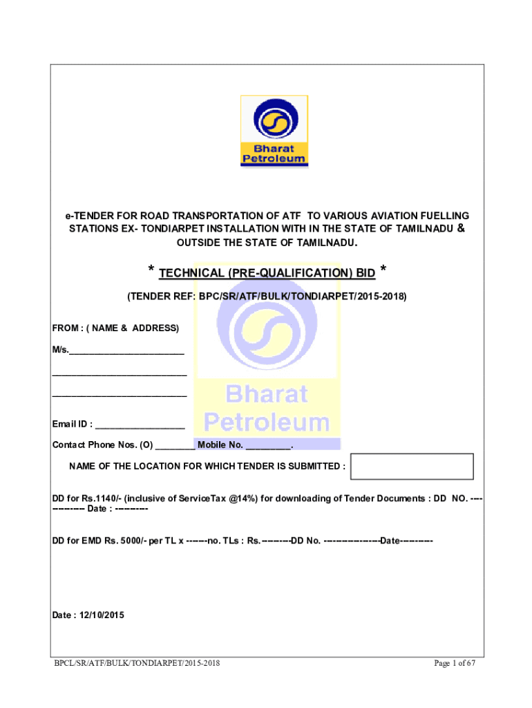 Fillable Online Tender For Road Transportation Of Bulk Atf Ex- Ton ...