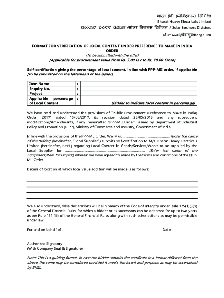 Fillable Online Annexure-1(A) FORMAT FOR VERIFICATION OF LOCAL CONTENT ...