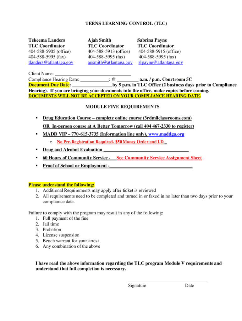 Fillable Online Community Court Teens Learning Control (TLC) Program ...