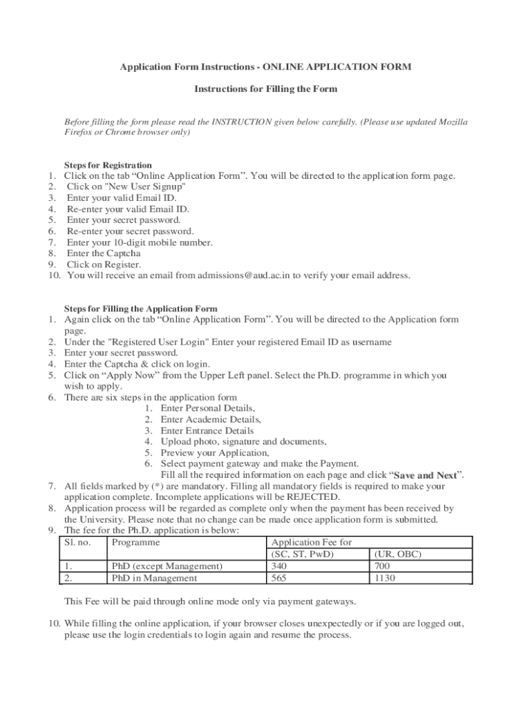 Fillable Online aud ac ONLINE APPLICATION FORM Instructions for Filling ...