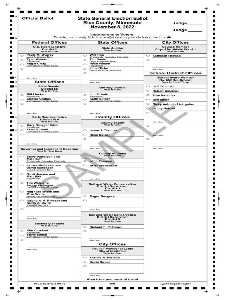 Fillable Online Fillable Online State General Election Ballot Rice County, Minnesota ... Fax ...