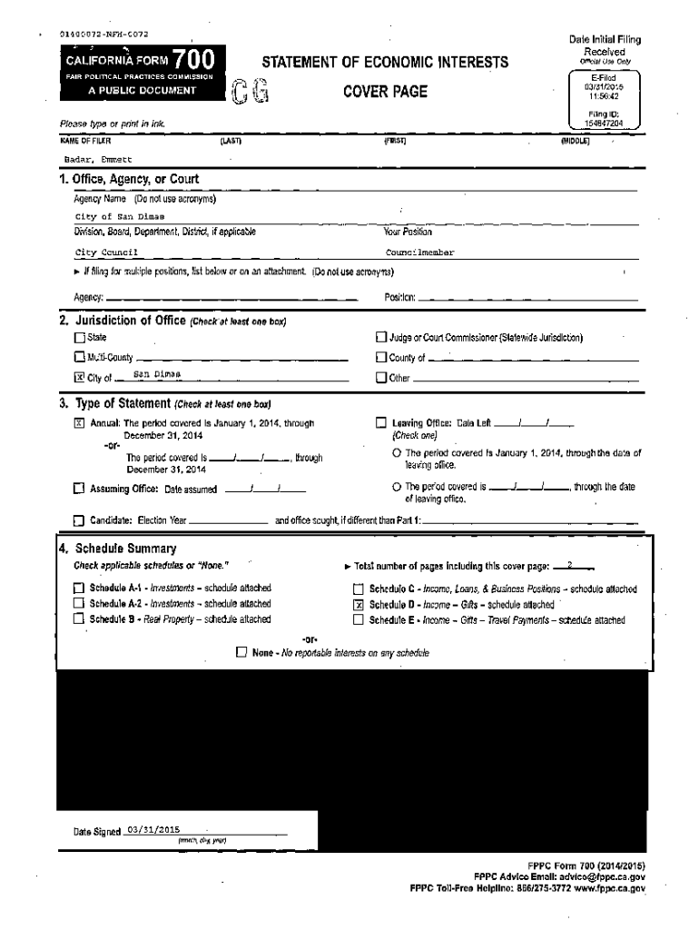 Fillable Online Form 700 - Fair Political Practices Commission - State ...